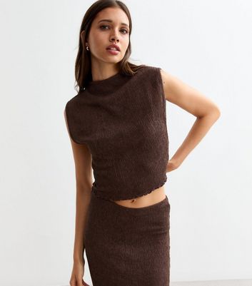 Brown Funnel Neck Sleeveless Textured Top | New Look
