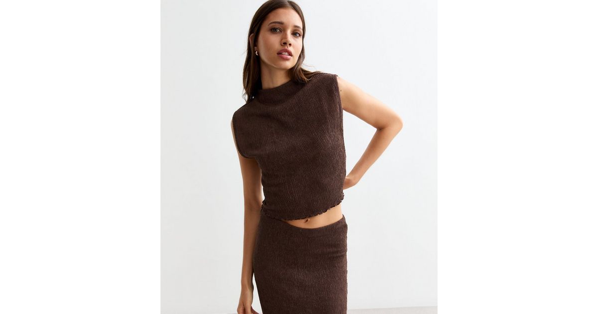 Brown Funnel Neck Sleeveless Textured Top | New Look