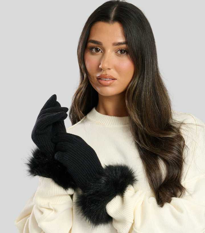 South Beach Black Faux Fur Gloves New Look 2051