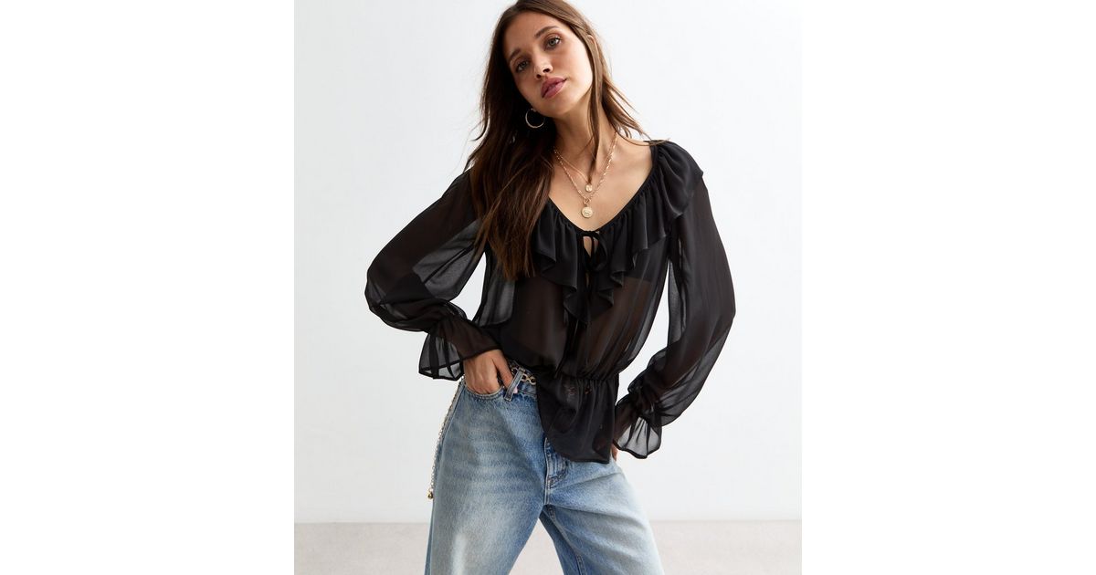Black Ruffle Trim Blouse | New Look