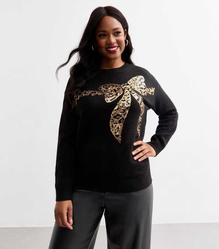 Curves Black Leopard Bow Jumper | New Look