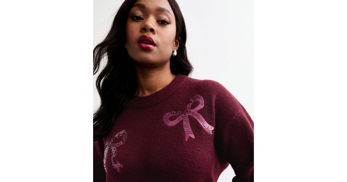 Curves Burgundy Sequinned Bow Jumper | New Look