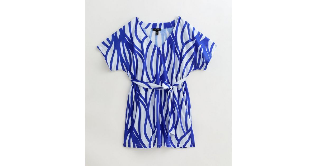 Blue Line-Print Jersey Beach Kaftan Dress | New Look