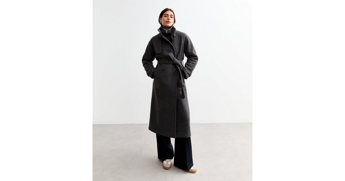 Grey Tie Waist Funnel Neck Coat | New Look