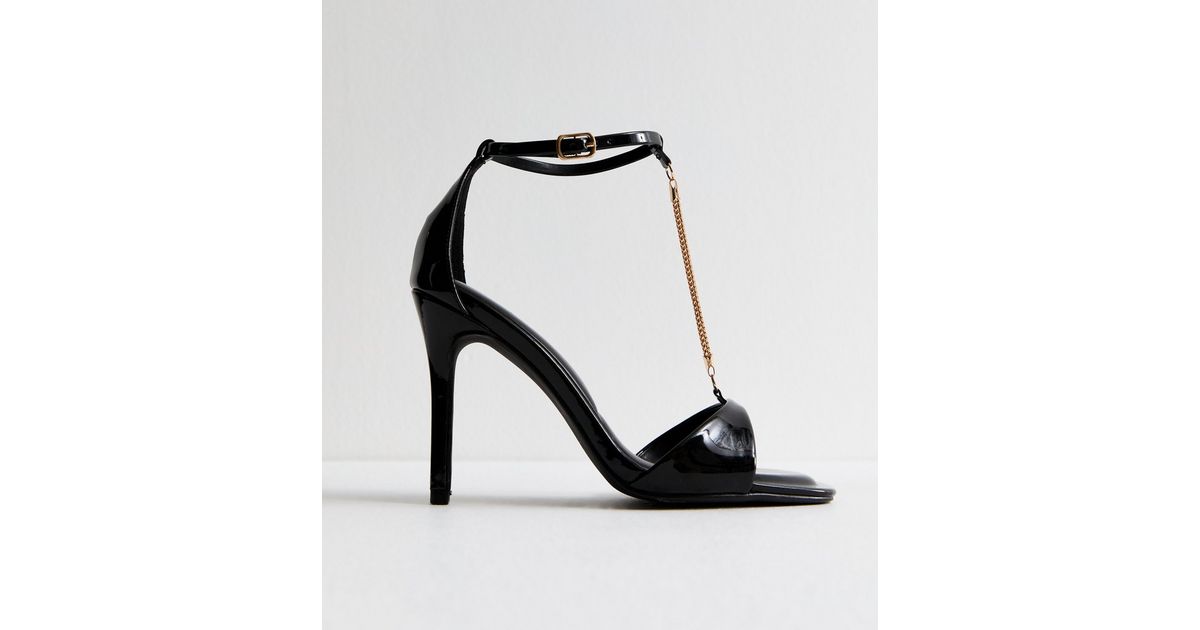 Black Chain Strap Patent Open Toe Court Shoes | New Look