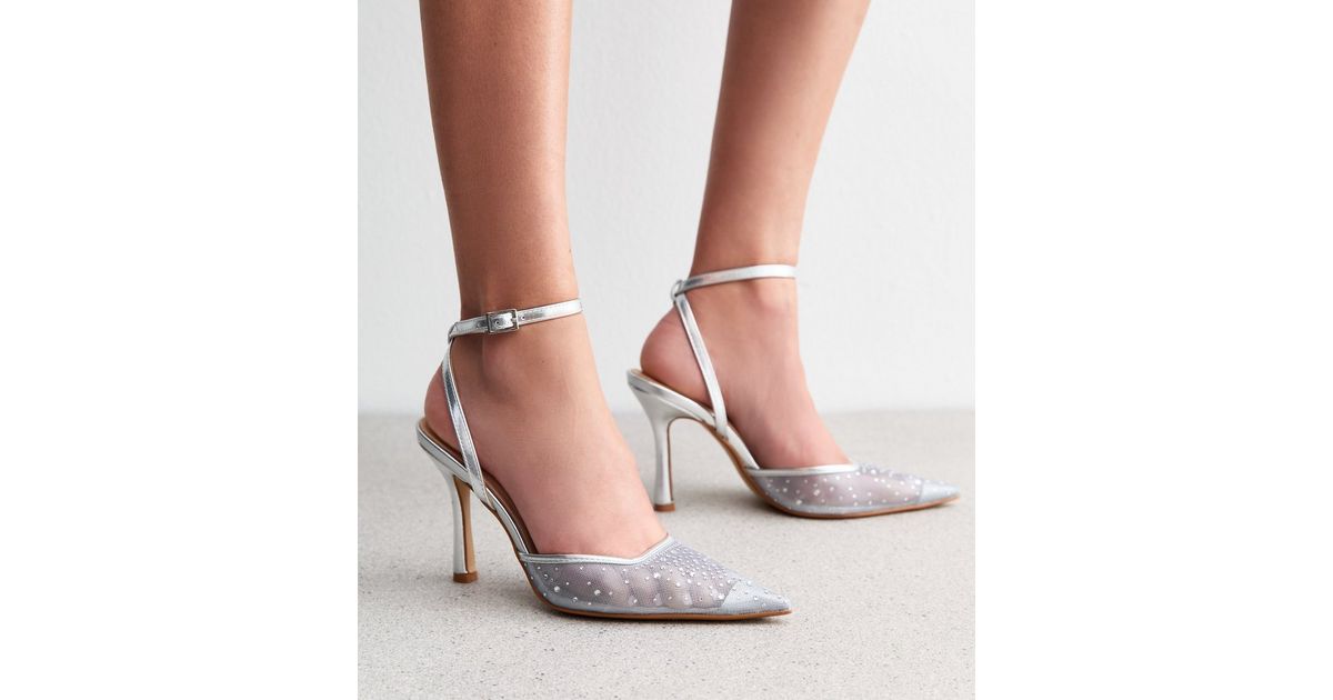 Silver Diamanté Embellished Mesh Open Court Shoes | New Look