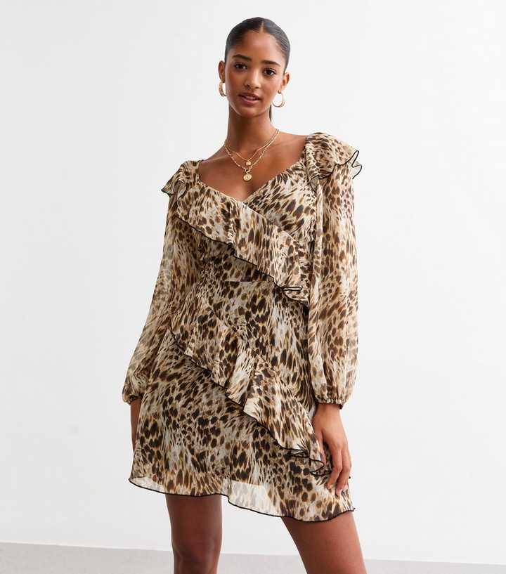 Brown Animal Print Ruffled Mini Dress | New Look
