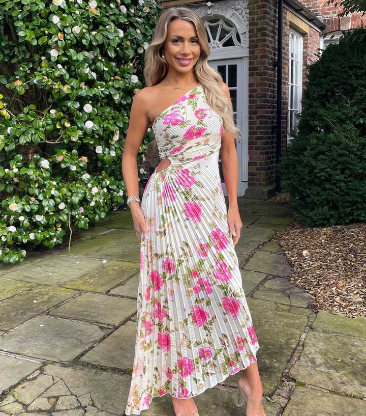 AX Paris Pink Floral One-Shoulder Midi Dress | New Look