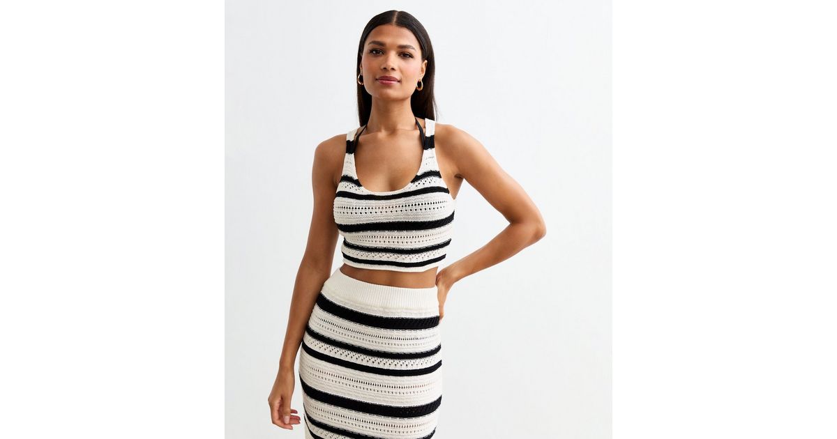 Black Striped Crochet Beach Crop Top New Look