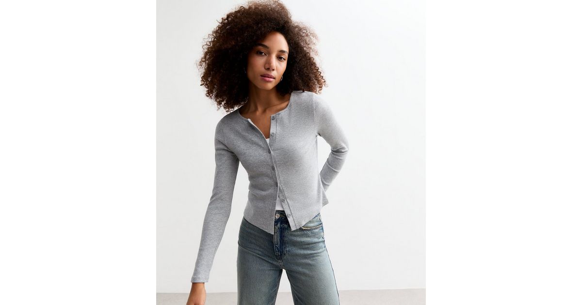 Grey Rib Crew Neck Cardigan | New Look
