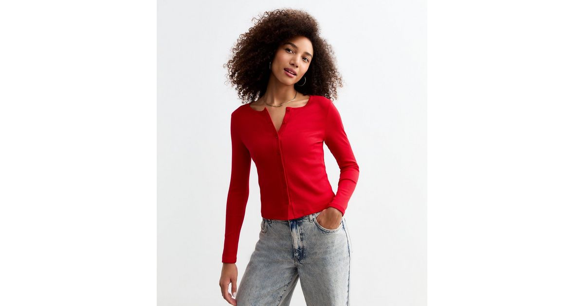 Red Rib Crew Neck Cardigan | New Look