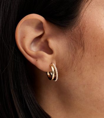 Gold Tone Faux Pearl Double Row Hoop Earrings | New Look
