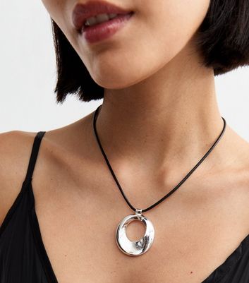 Silver Tone Oval Pendant Cord Necklace New Look