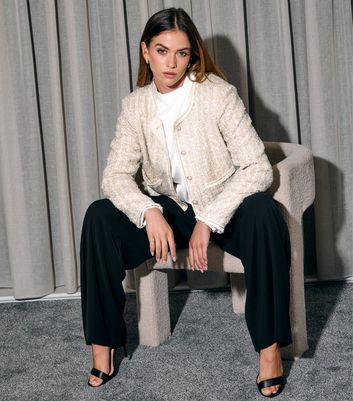 Finding Friday Cream Bouclé Sequinned Tailored Jacket | New Look