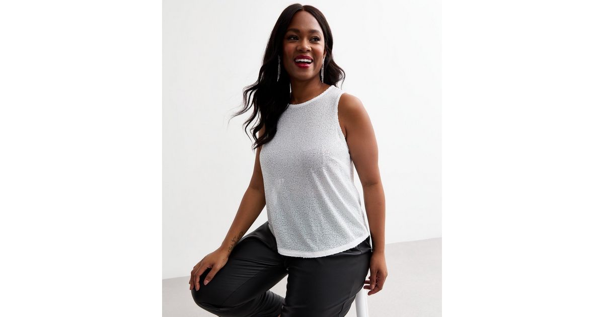 Curves White Sequinned Tank top | New Look