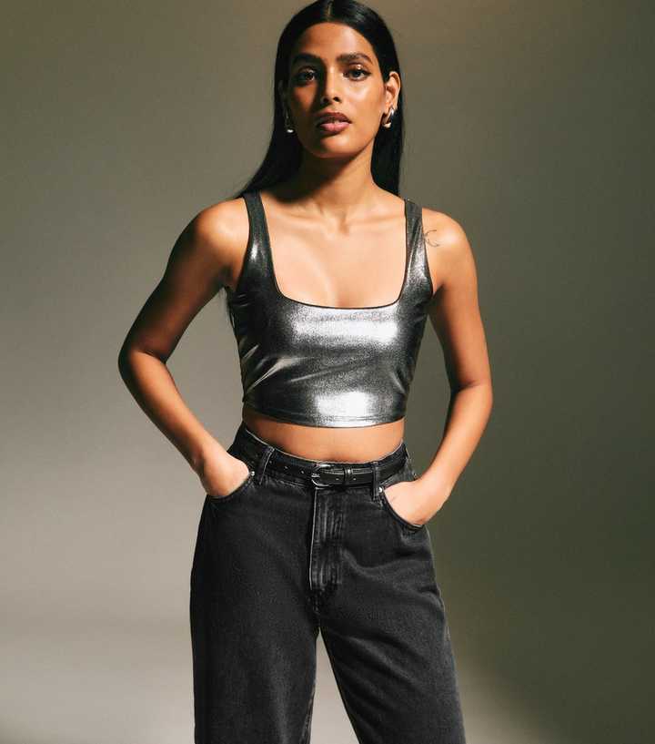 Grey Metallic Jersey Crop Top | New Look