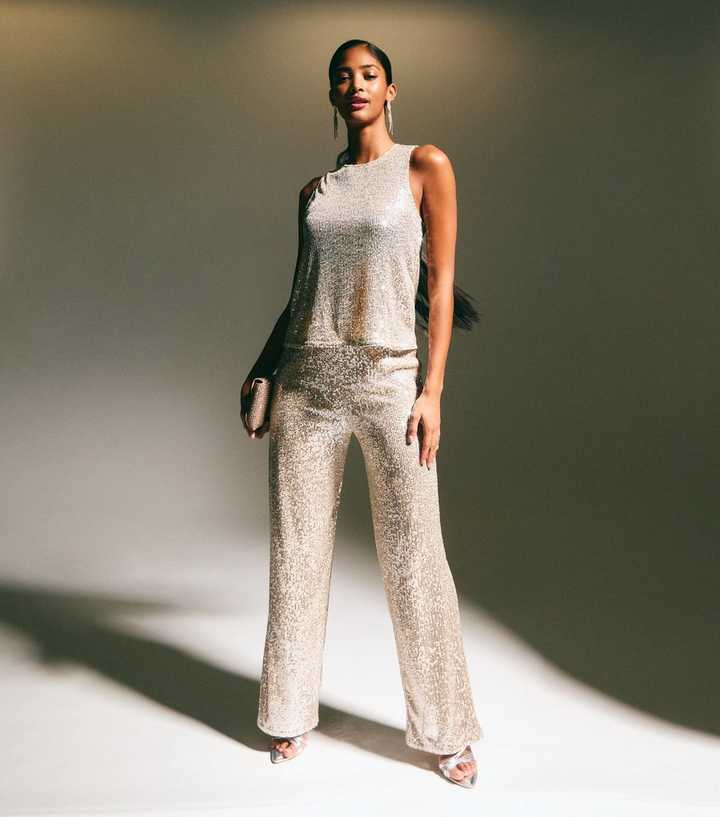 Gold Sequinned Stretch Mesh Wide Trousers | New Look