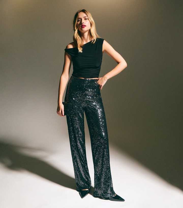 Black Sequinned Stretch Mesh Wide Trousers | New Look