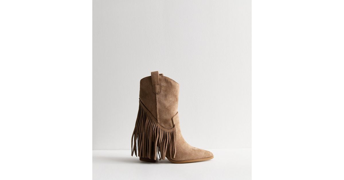 Truffle Light Brown Suedette Fringe Western Boots | New Look