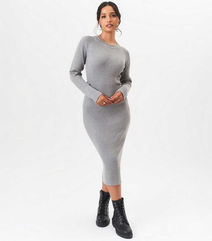Gini London Grey Rib Knit Midi Dress | New Look
