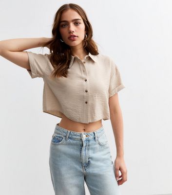 Stone Short Sleeved Crop Shirt | New Look