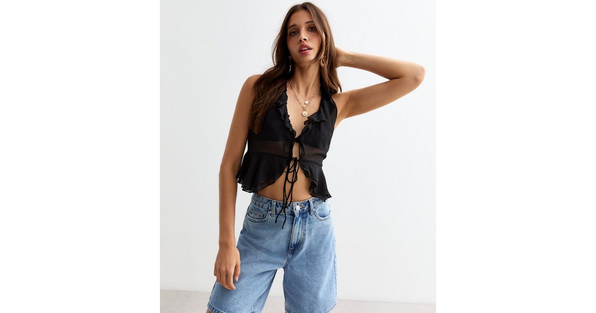 Black Ruffle Neck Tie Front Sleeveless Top | New Look