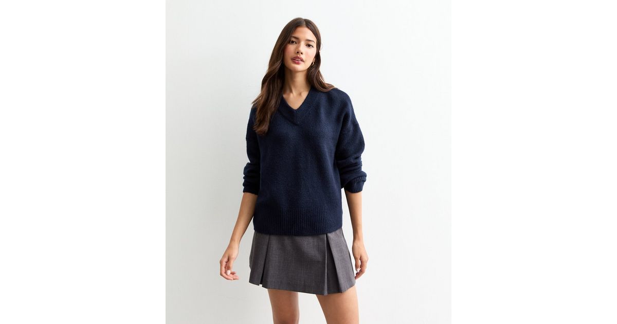 Navy High V Neck Jumper | New Look