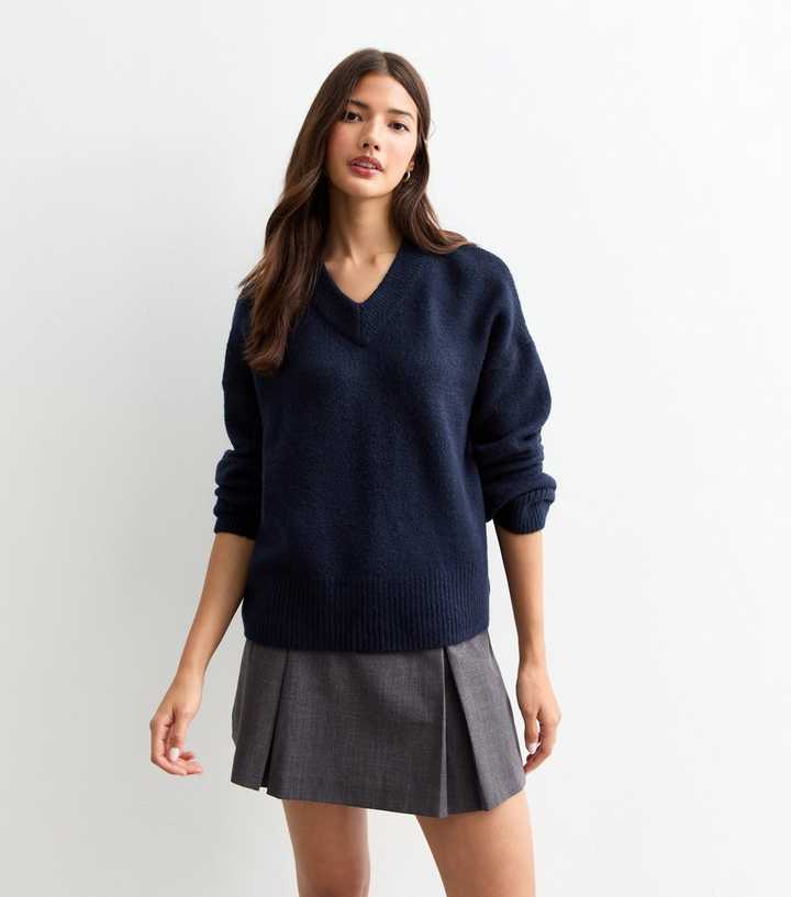 Navy High V Neck Jumper | New Look