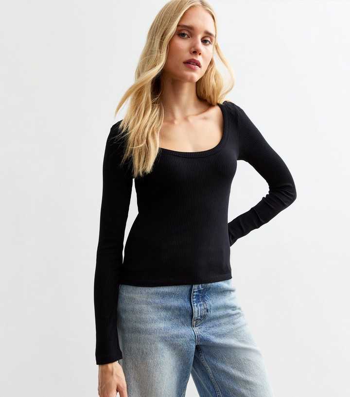 Black Ribbed Long Sleeve Scoop Neck Top | New Look