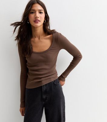 Brown Ribbed Long Sleeve Scoop Neck Top | New Look