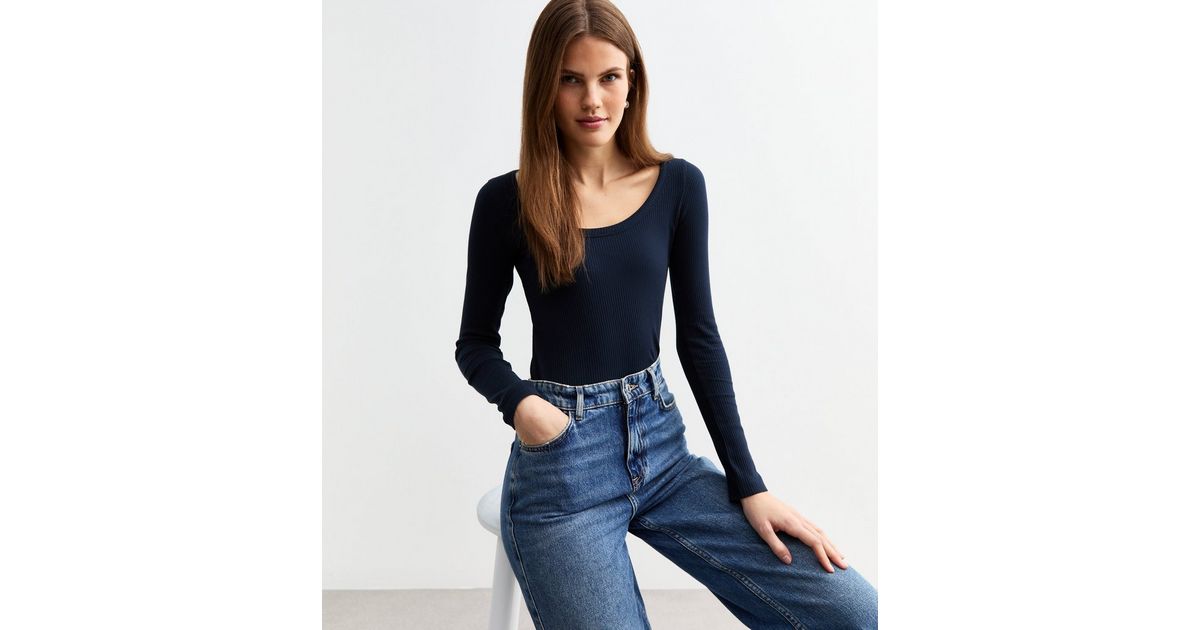 Navy Ribbed Long Sleeve Scoop Neck Top | New Look