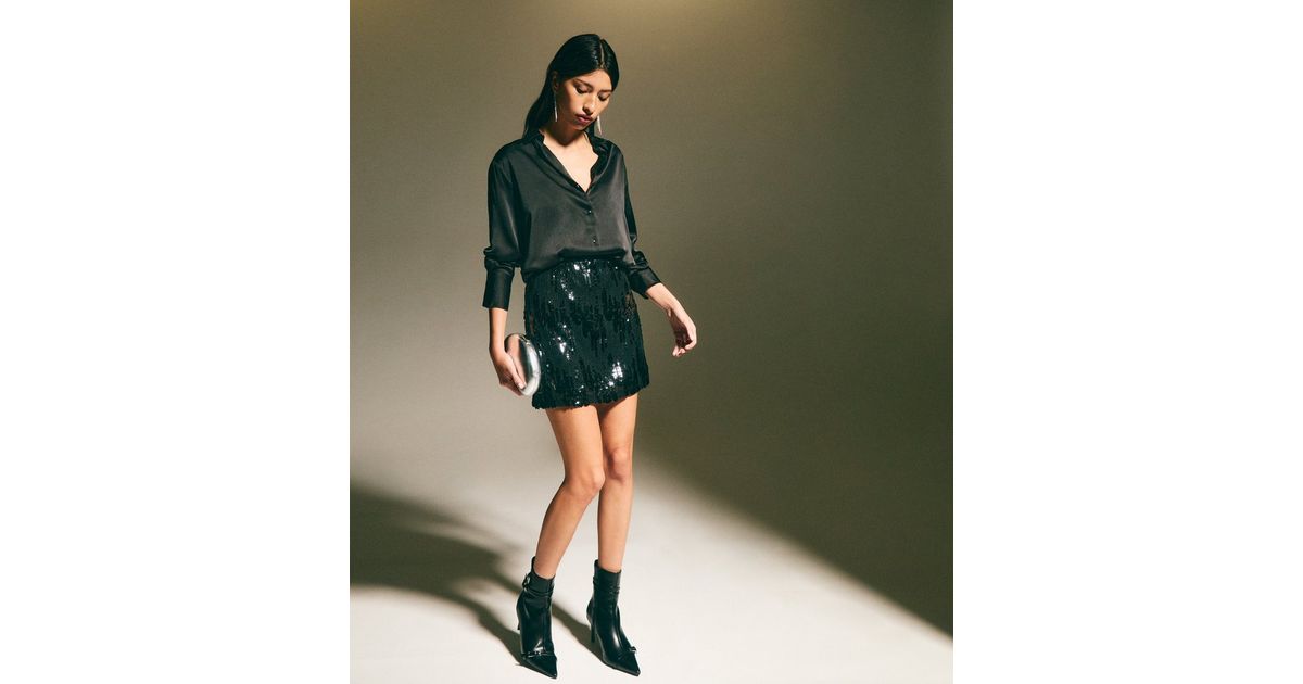 Black Sequinned Mesh Mini Skirt New Look