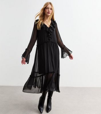 Black Ruffle Long Sleeve Midi Dress | New Look