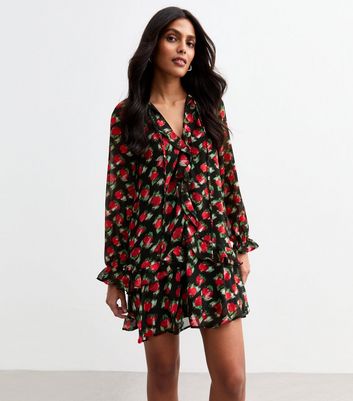 Black Rose Print Chiffon Mini Dress | New Look