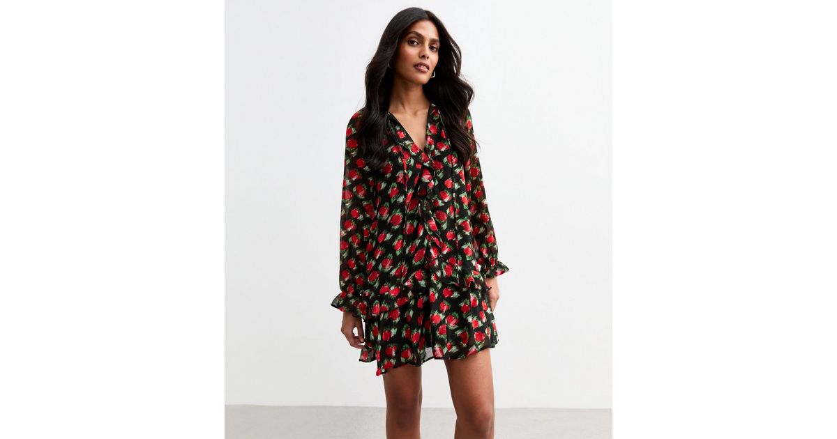 Black Rose Print Chiffon Mini Dress | New Look