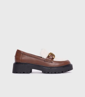 London Rebel Rust Bouclé Trim Faux Leather Loafers | New Look