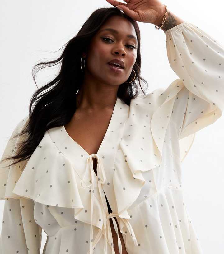 Curves White Spotty Ruffle Tie Up Blouse | New Look