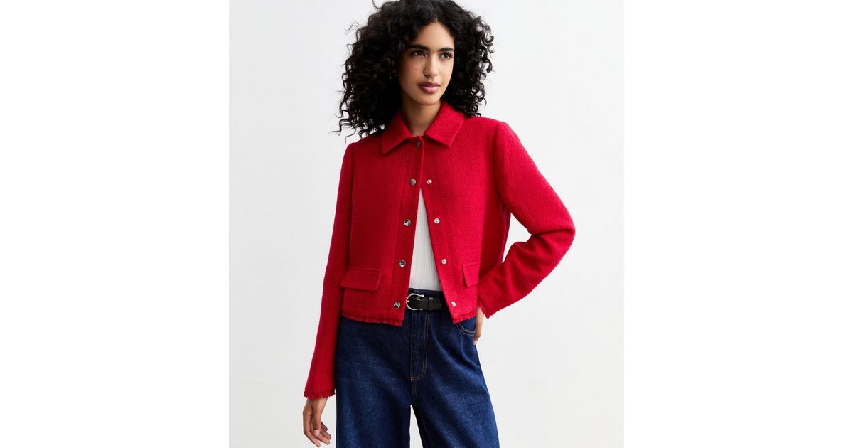 Red Bouclè Cropped Jacket | New Look