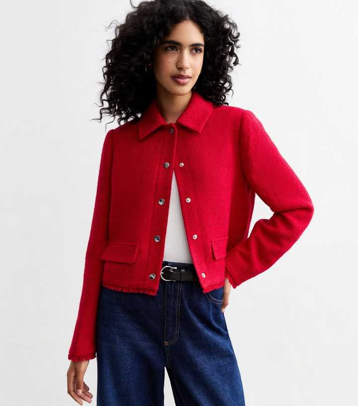 Red Bouclè Cropped Jacket | New Look