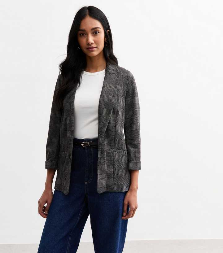Grey Open Front Checked Jersey Blazer | New Look