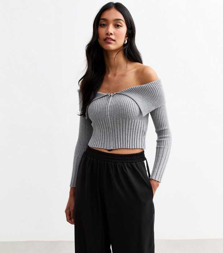Cameo Rose Pale Grey Zip-Through Bardot Jumper | New Look
