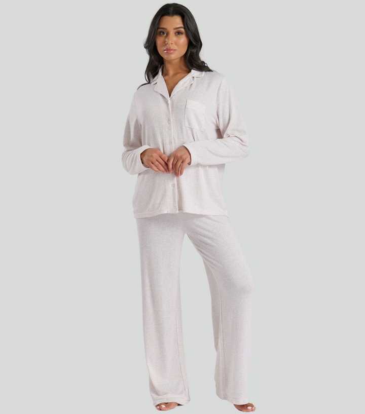 Loungeable Cream Marl Long Sleeve Buttoned Pyjama Set | New Look