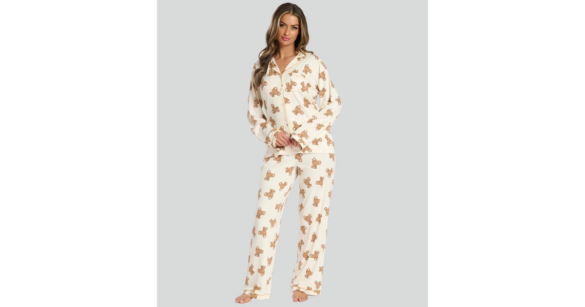 Loungeable Cream Teddy Bear Print Pyjama Set | New Look