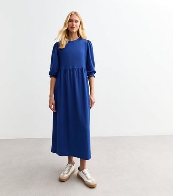 Blue Cropped Sleeve Textured Smock Dress | New Look