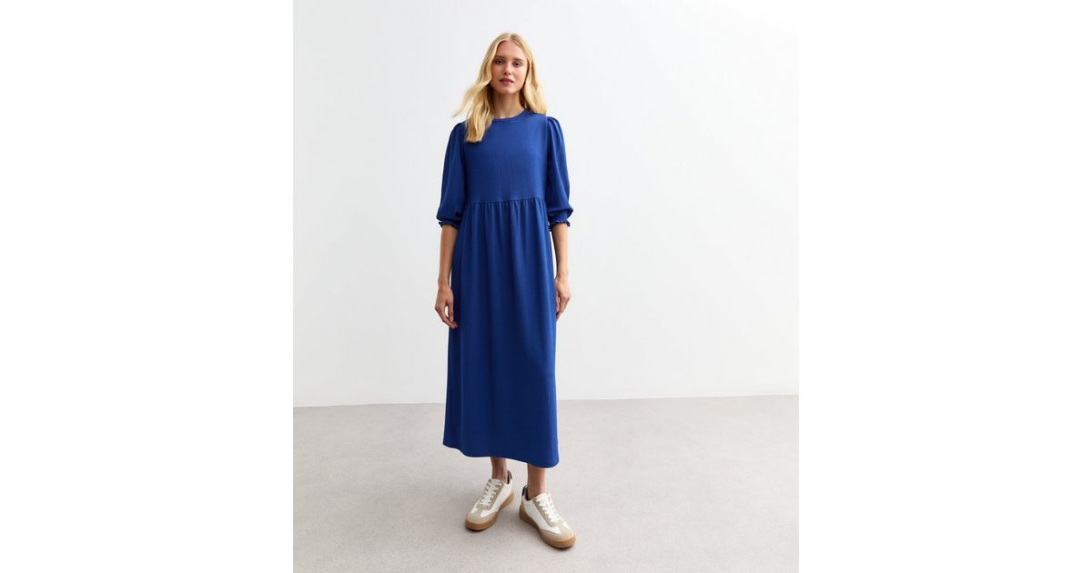 Blue Cropped Sleeve Textured Smock Dress | New Look