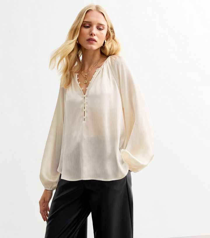 Cream Round Neck Button Through Blouse | New Look