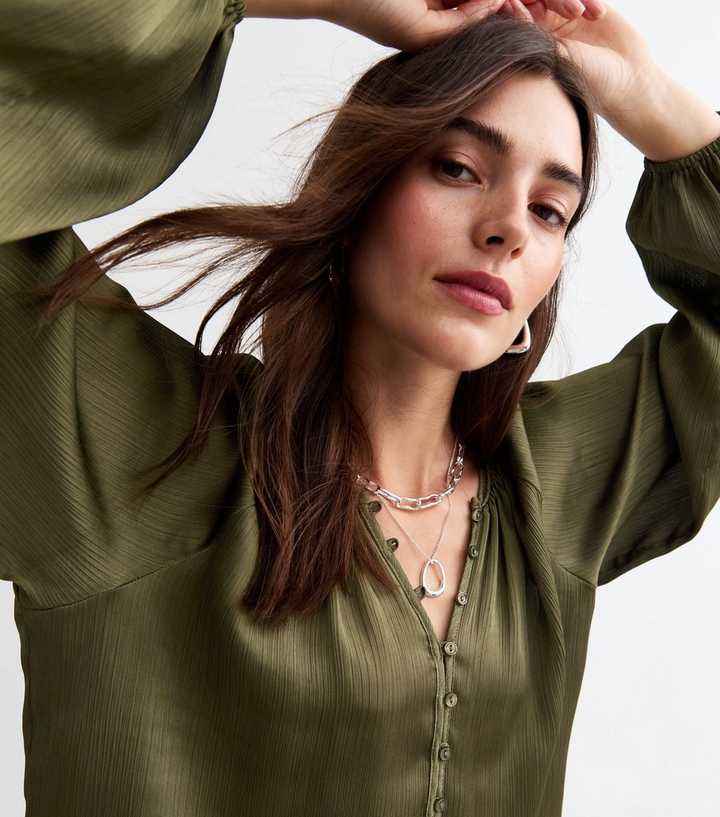 Khaki Round Neck Button Through Blouse | New Look