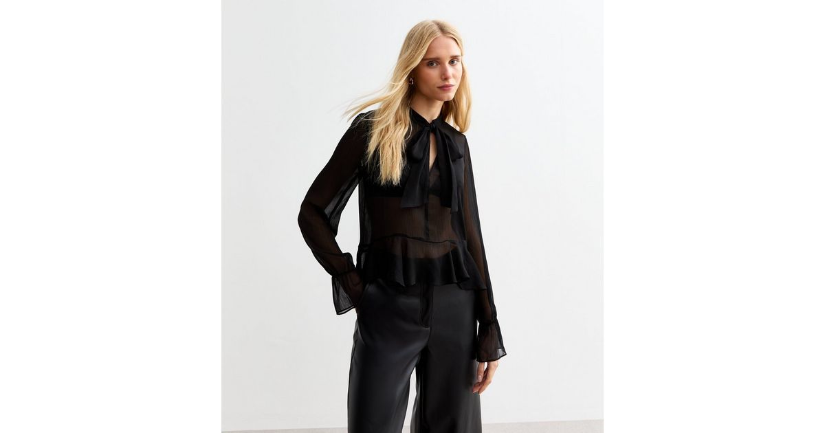 Black Chiffon Tie Neck Peplum Blouse New Look