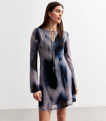Blue Long Sleeve Smudge Mesh Mini Dress | New Look