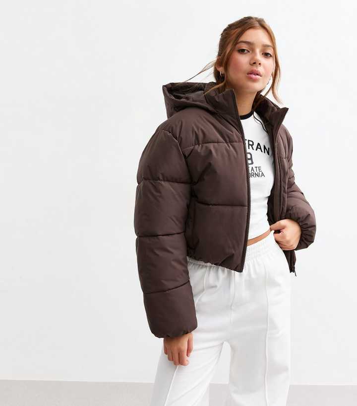 Girls Dark Brown Crop Hooded Puffer Jacket | New Look